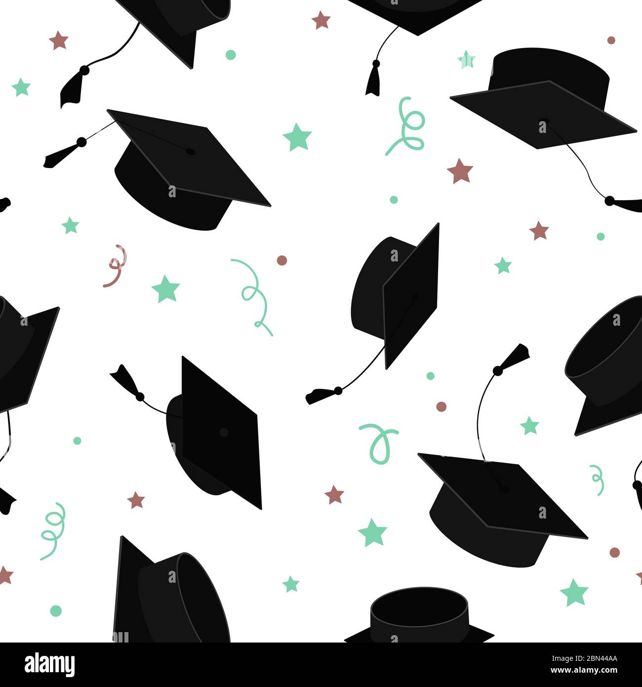 Graduate caps in the air, seamless pattern. Vector cartoon grad hats in ...