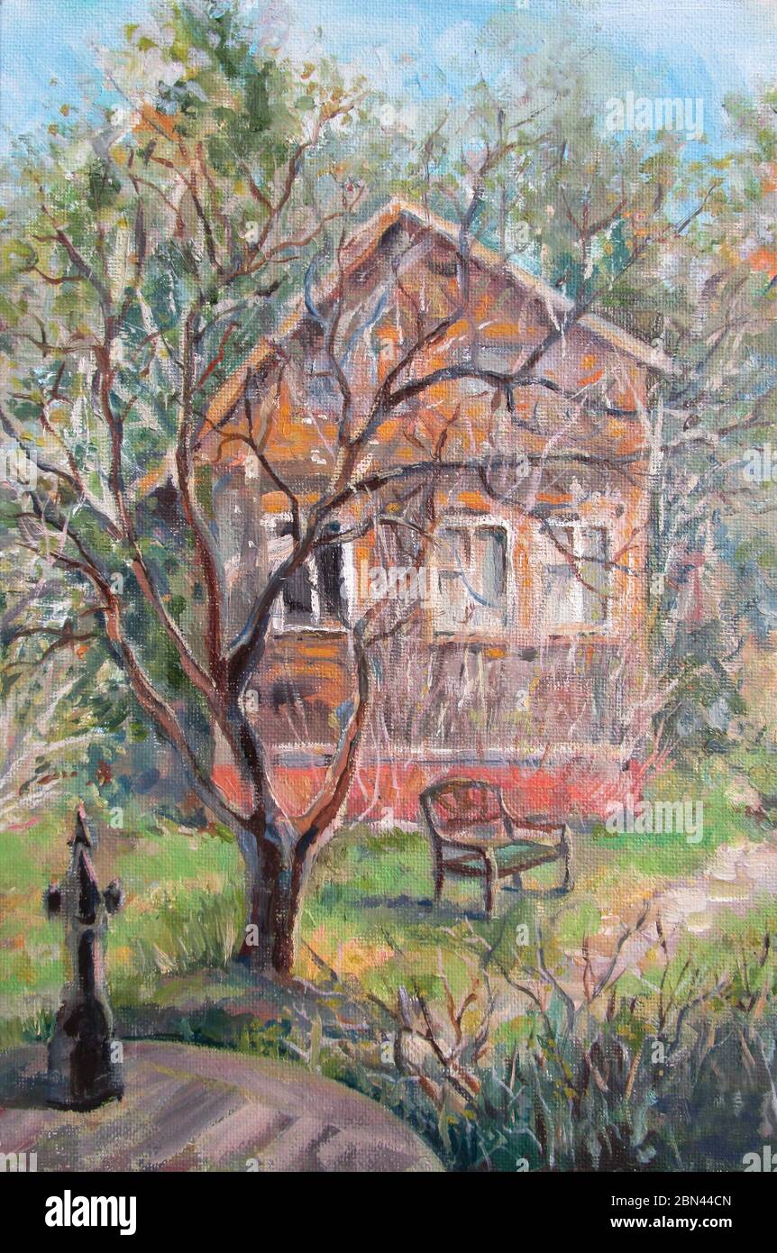 Country house in spring, sunny landscape, oil painting Stock Photo - Alamy