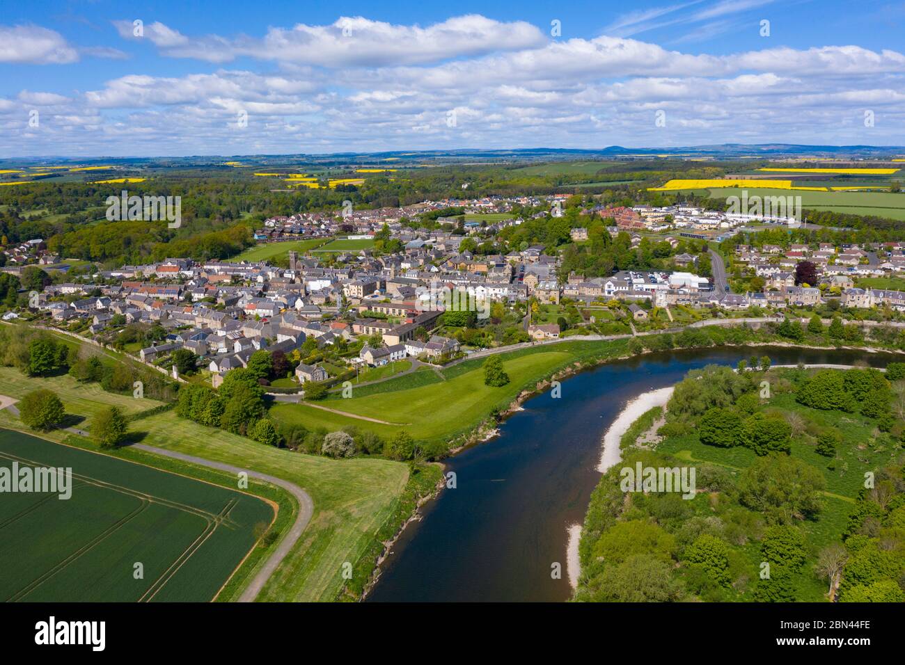 Aerial view of Coldstream during Covid19 lockdown beside River Tweed in ...