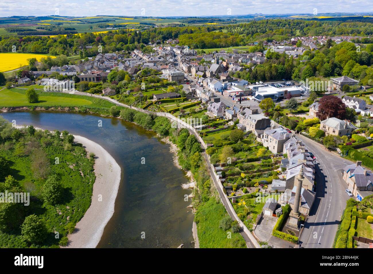 Aerial view of Coldstream during Covid19 lockdown beside River Tweed in ...