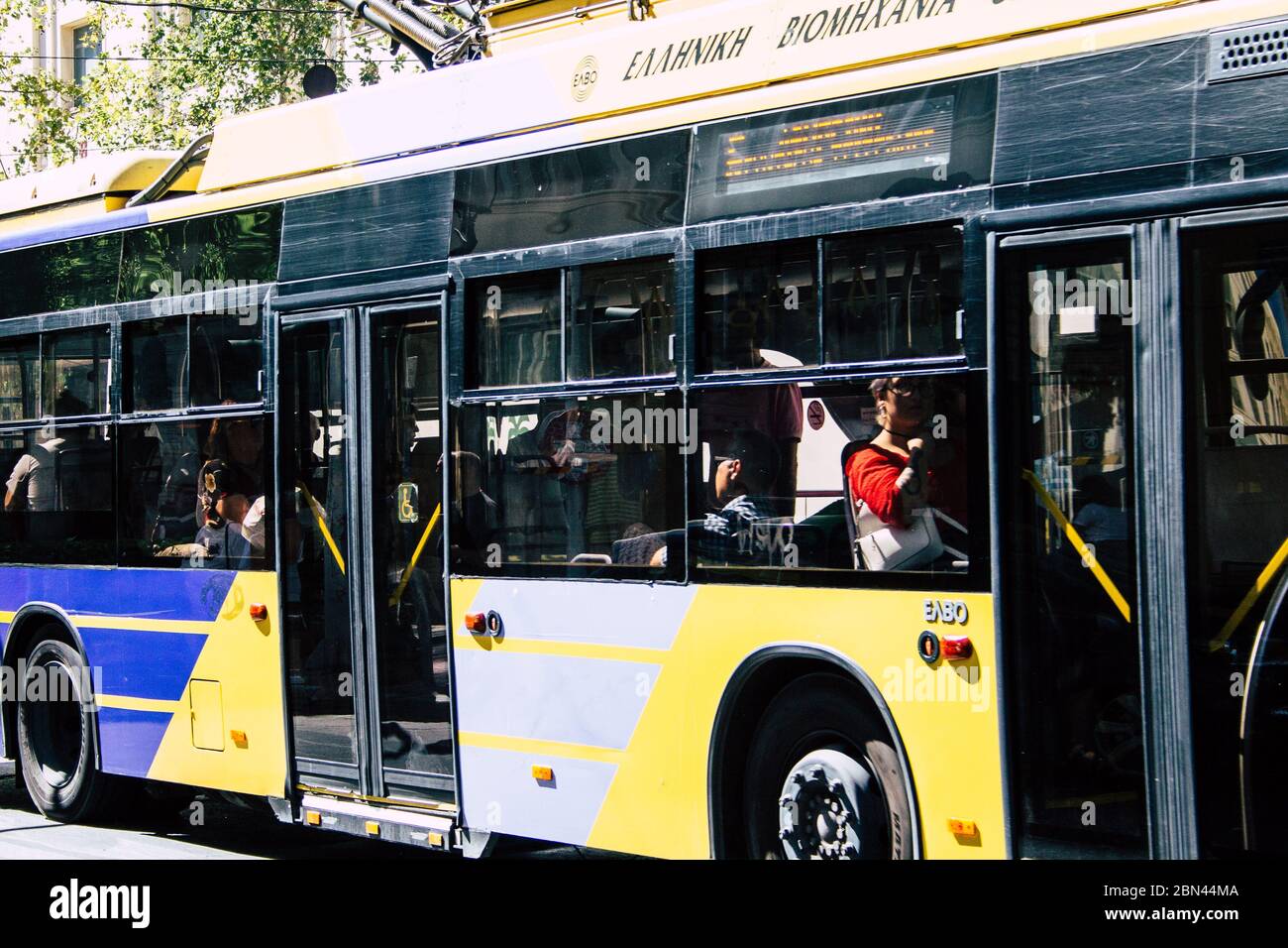 Athens Greece August 30, 2019 View of a electic Greek public bus ...