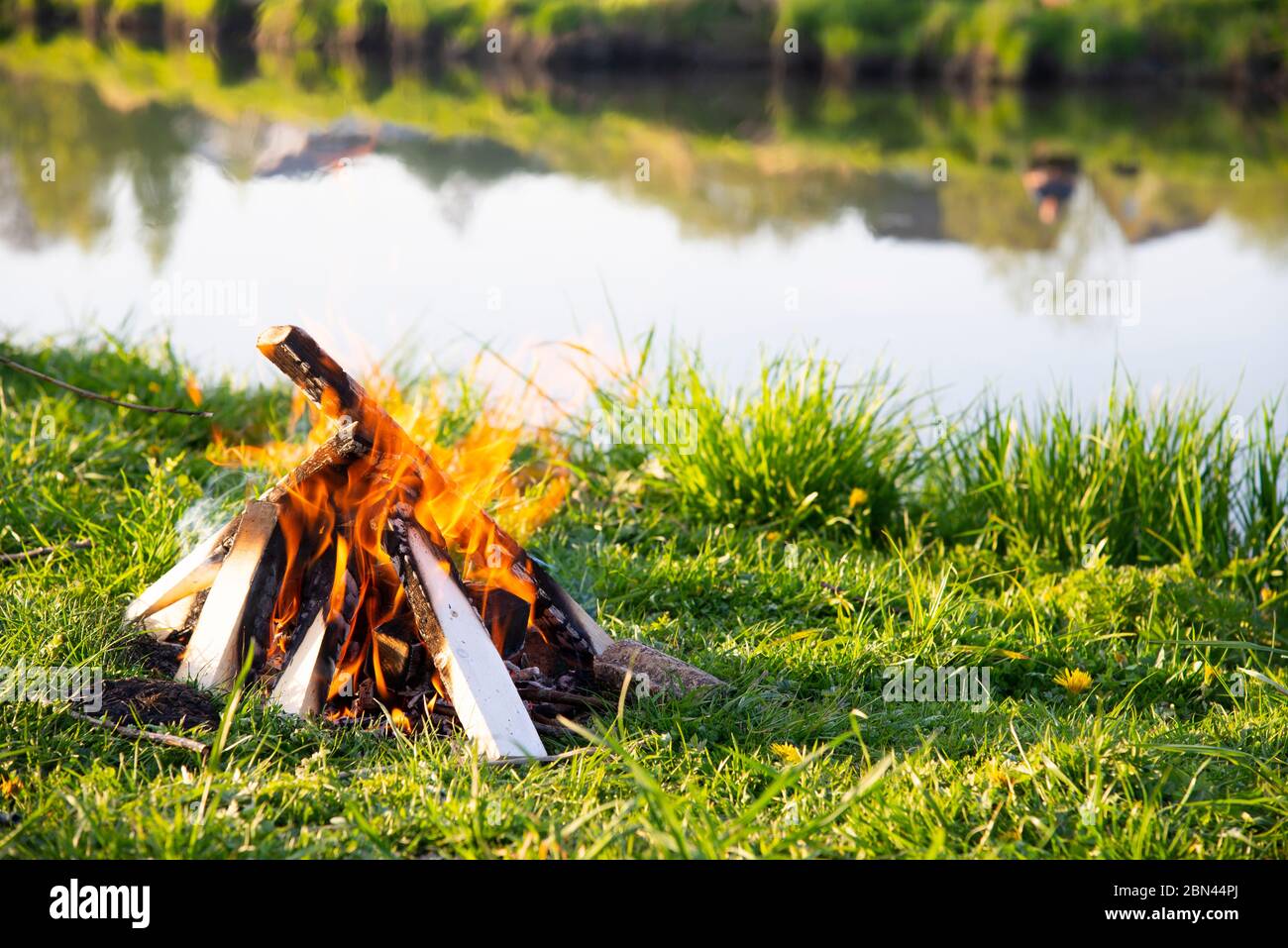 Burning bonfire by the river in the summer Stock Photo - Alamy