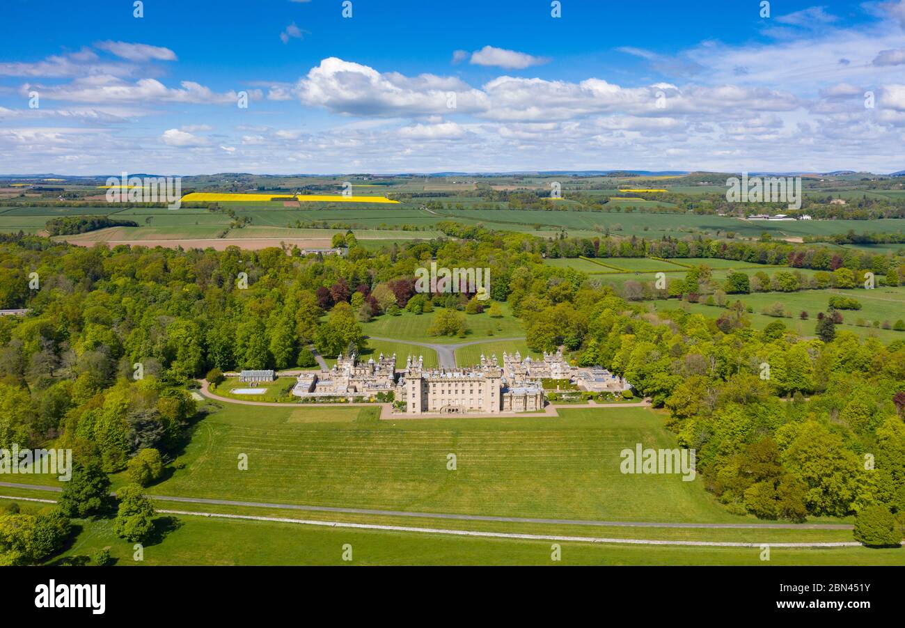 Aerial view of town of Floors Castle closed during Covid-19 lockdown in ...