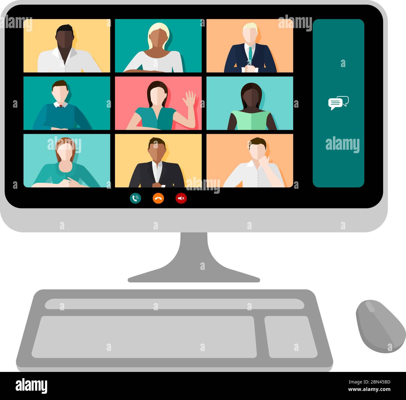 Computer screen with a video conference call with multicultural people ...