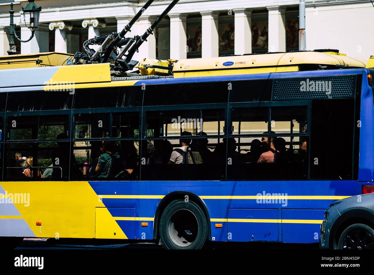 Athens Greece August 30, 2019 View of a electic Greek public bus ...