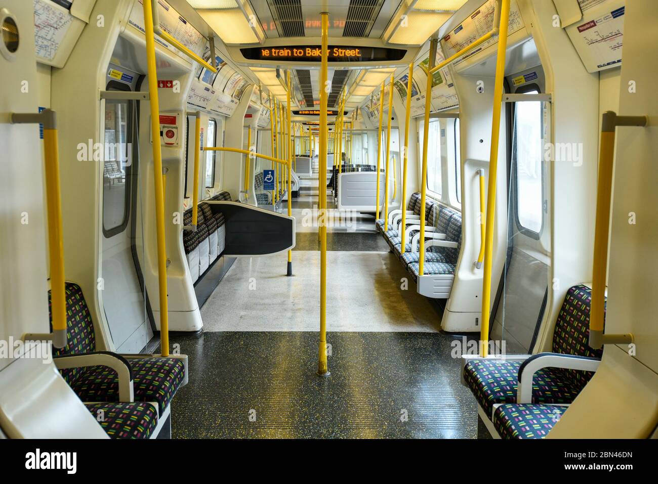 London, UK. 12 May 2020. A Metropolitan line tube carriage during off ...
