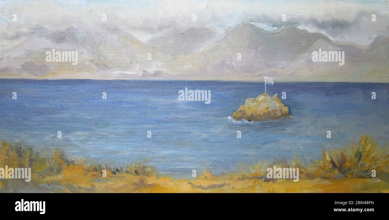 Crete view with mountains and the blue sea, oil painting Stock Photo ...