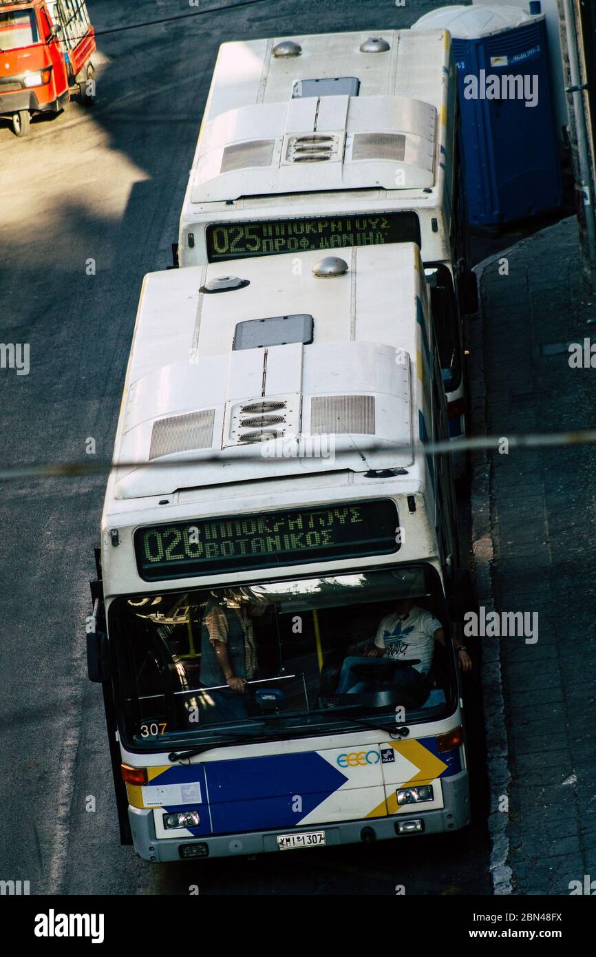 Athens Greece August 28, 2019 View of a Greek public bus rolling ...