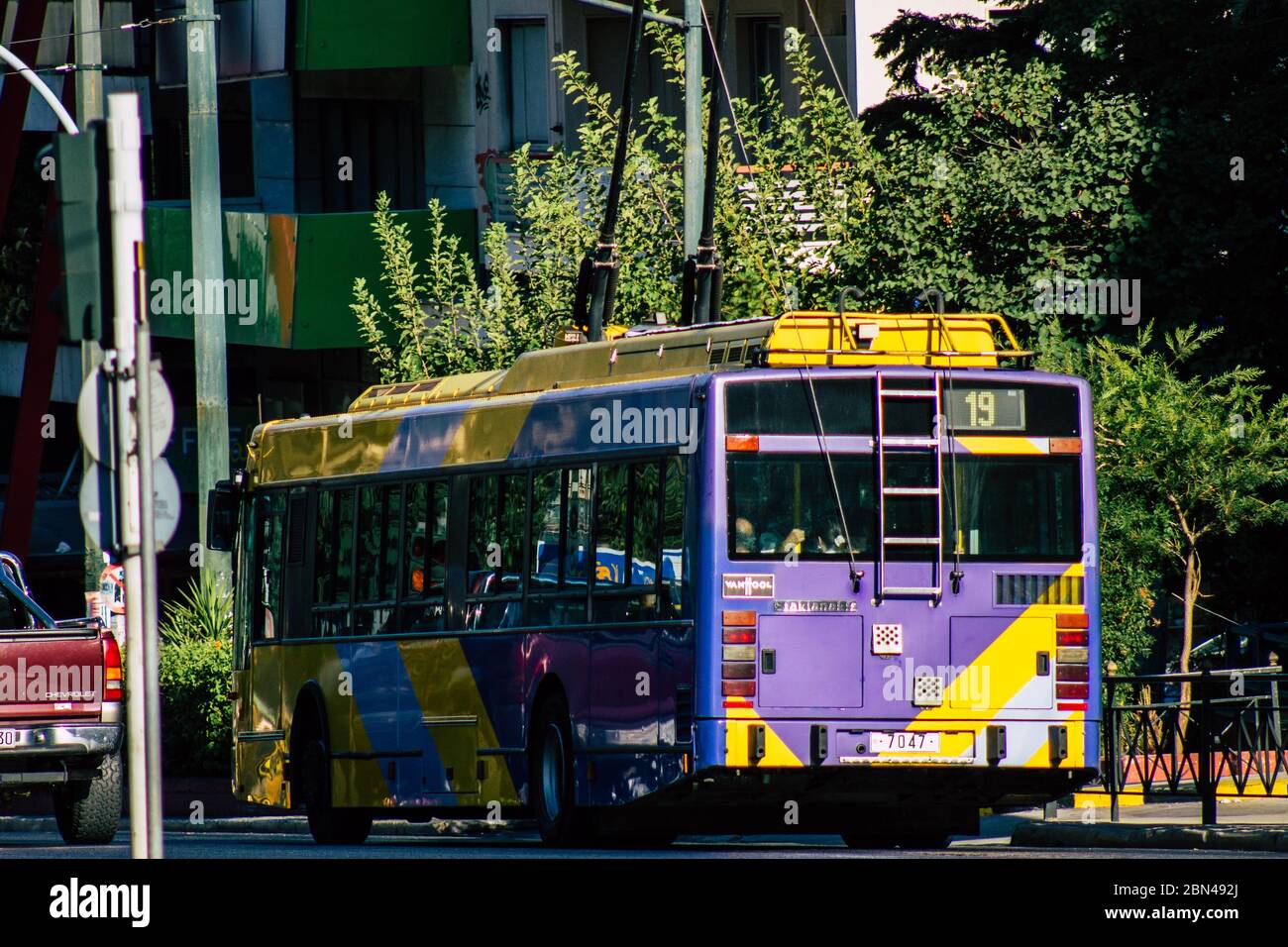 Athens Greece August 28, 2019 View of a electic Greek public bus ...