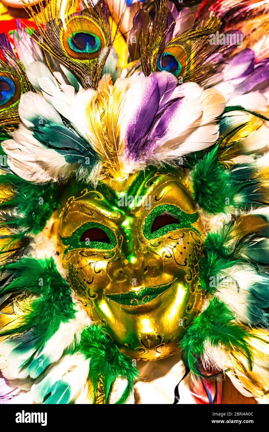 Colorful Green Gold Mask Feathers New Orleans Louisiana. Masks worn at ...