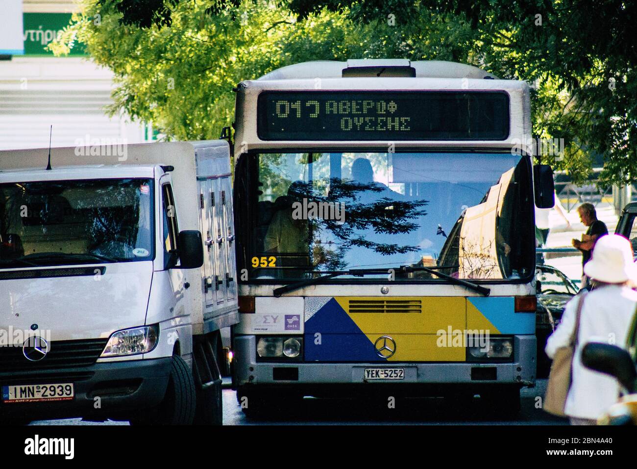 Athens Greece August 27, 2019 View of a Greek public bus rolling ...