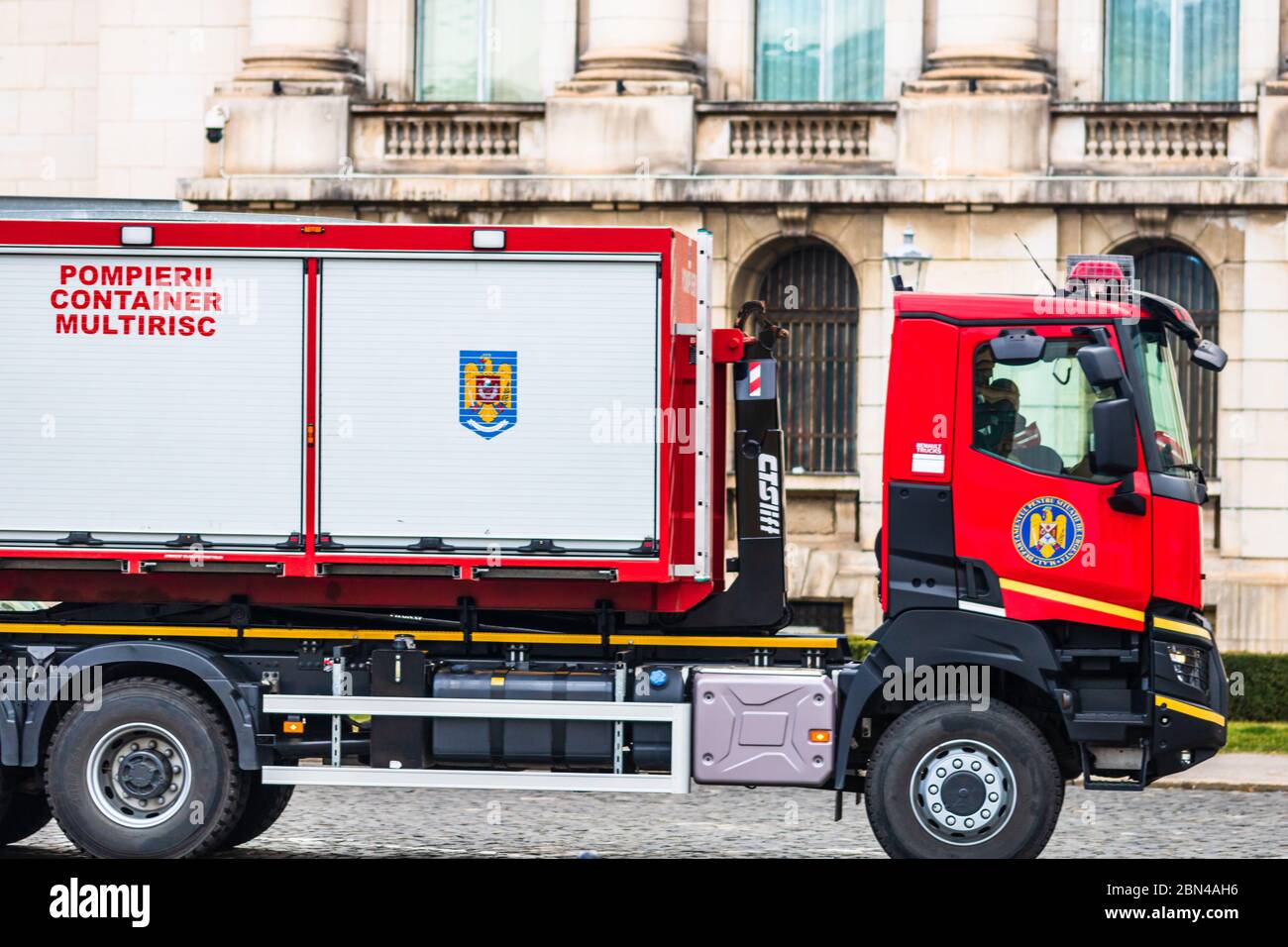 Romanian Firefighting emergency firemen (Pompierii) parked in front of ...