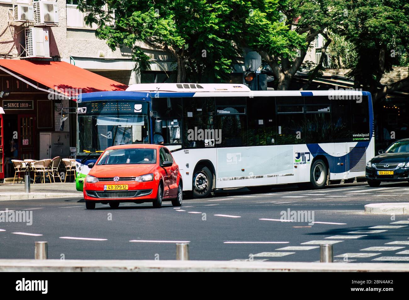 Tel Aviv Israel August 12, 2019 View of traditional city bus rolling in ...