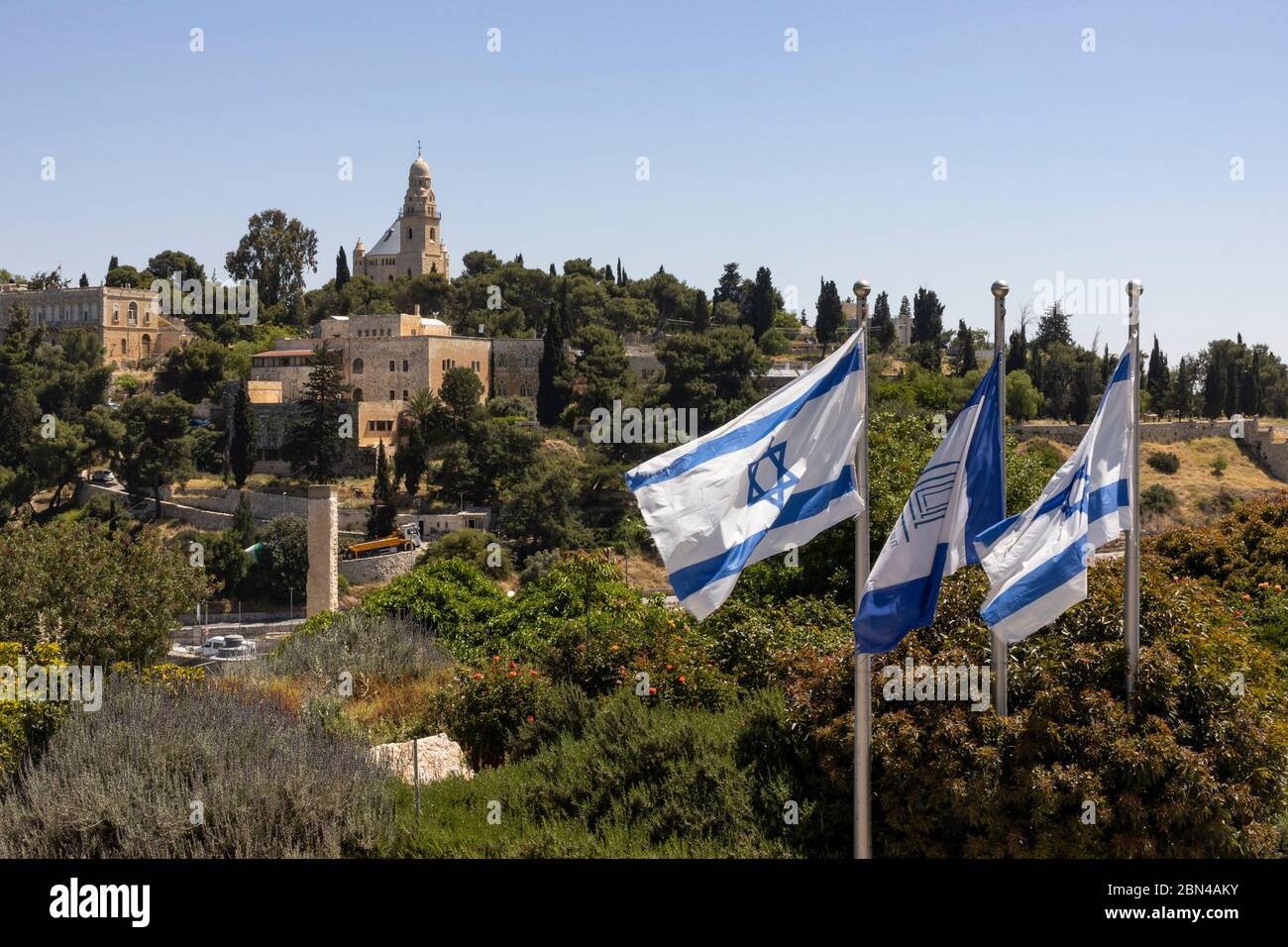 Jerusalem, Israel - May 5th, 2020: Two israeli national flags and a ...