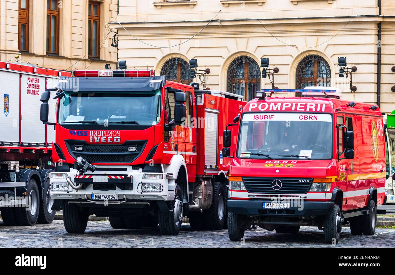 Romanian Firefighting emergency firemen (Pompierii) parked in front of ...