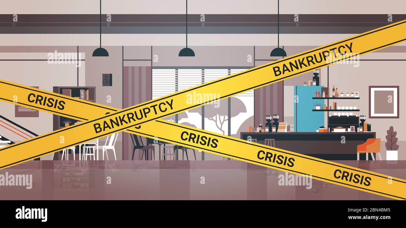 empty closed bar with yellow bankruptcy crisis tape coronavirus ...