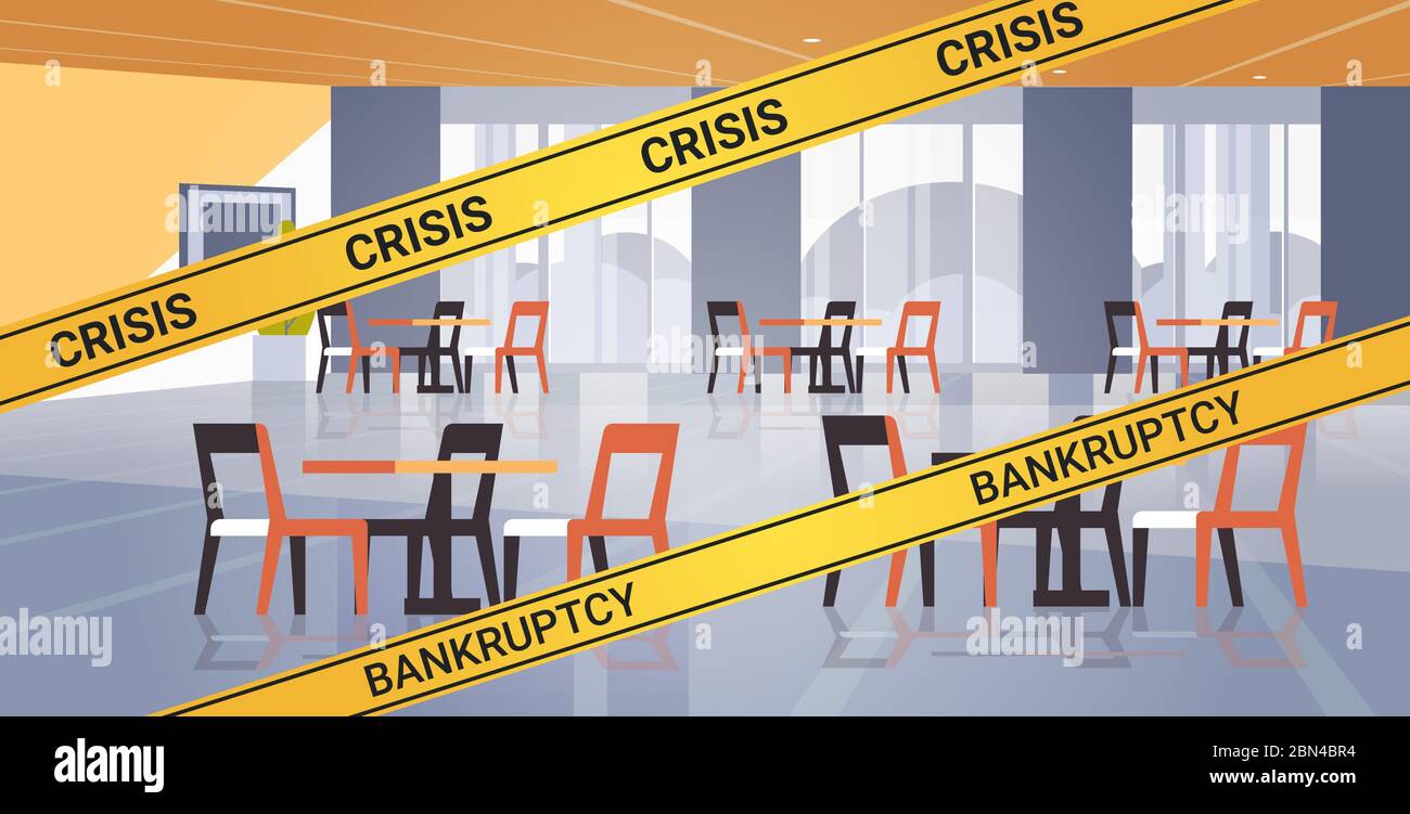 empty closed cafe with yellow bankruptcy crisis tape coronavirus ...