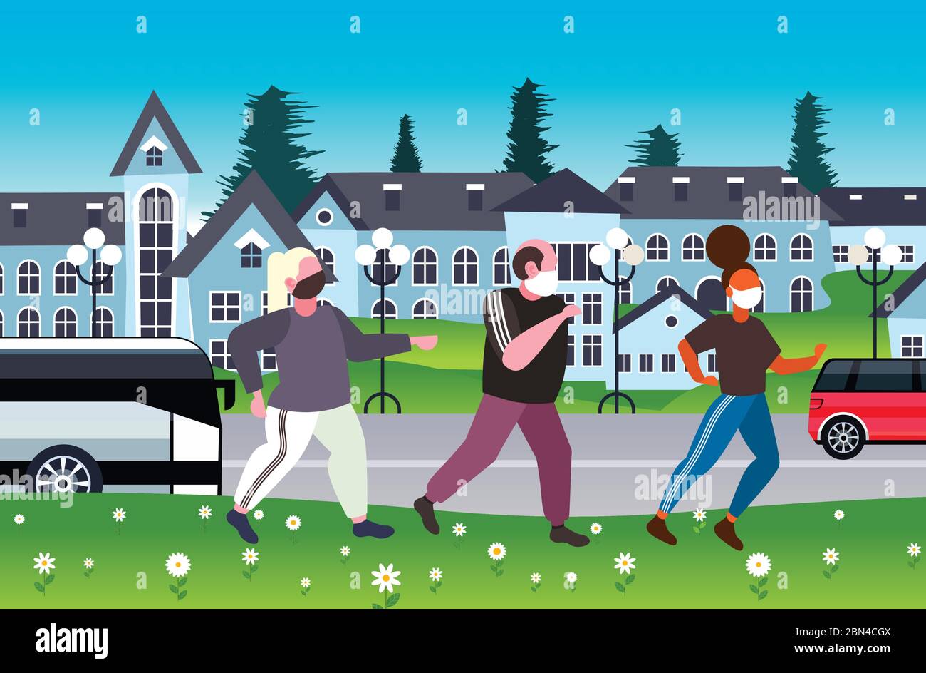 mix race people walking outdoor men women wearing medical masks to ...