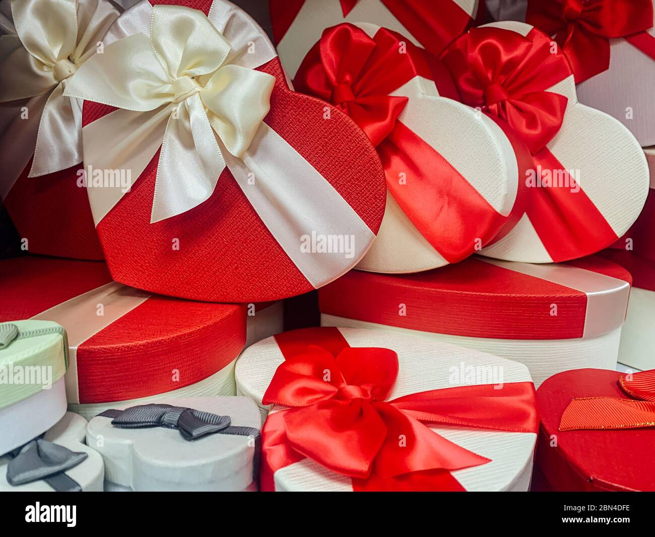 lots of red white gifts in the shape of a heart for the holiday Stock ...