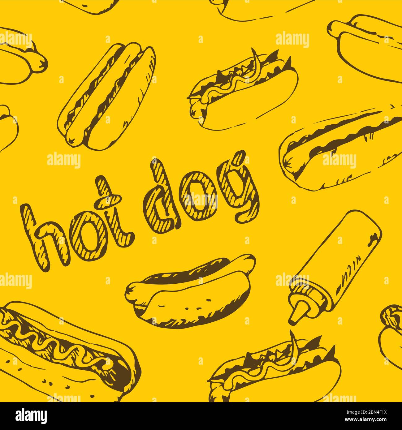 Hot Dog hand drawn seamless pattern. Fast food design element. Seamless ...
