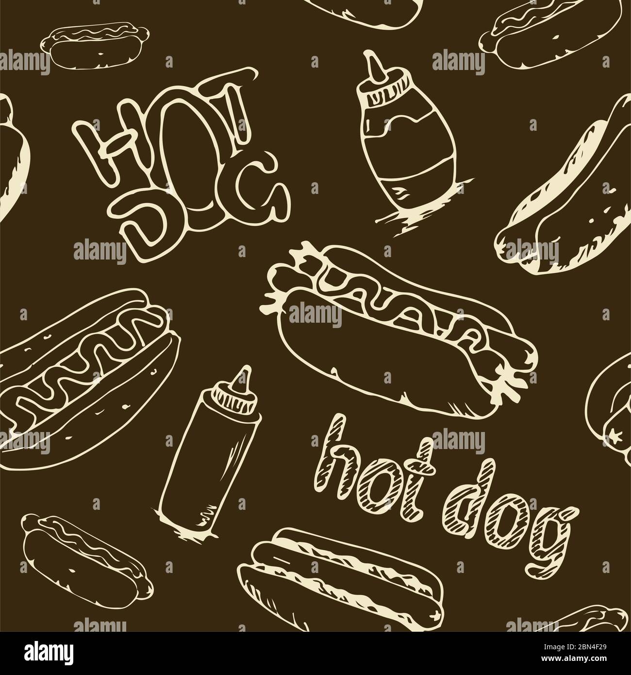Hot Dog hand drawn seamless pattern. Fast food design element. Seamless ...