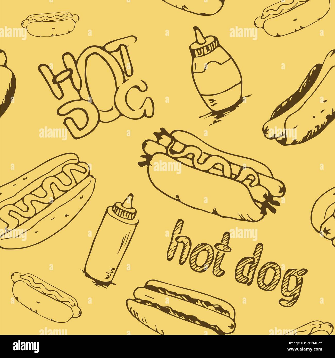 Hot Dog hand drawn seamless pattern. Fast food design element. Seamless ...