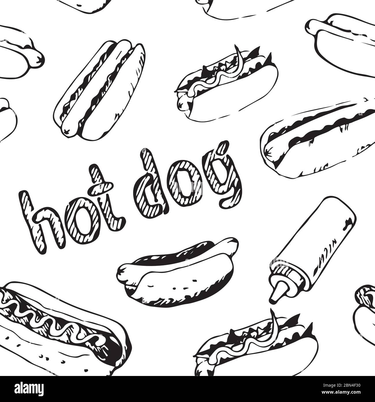 Hot Dog hand drawn seamless pattern. Fast food design element. Seamless ...