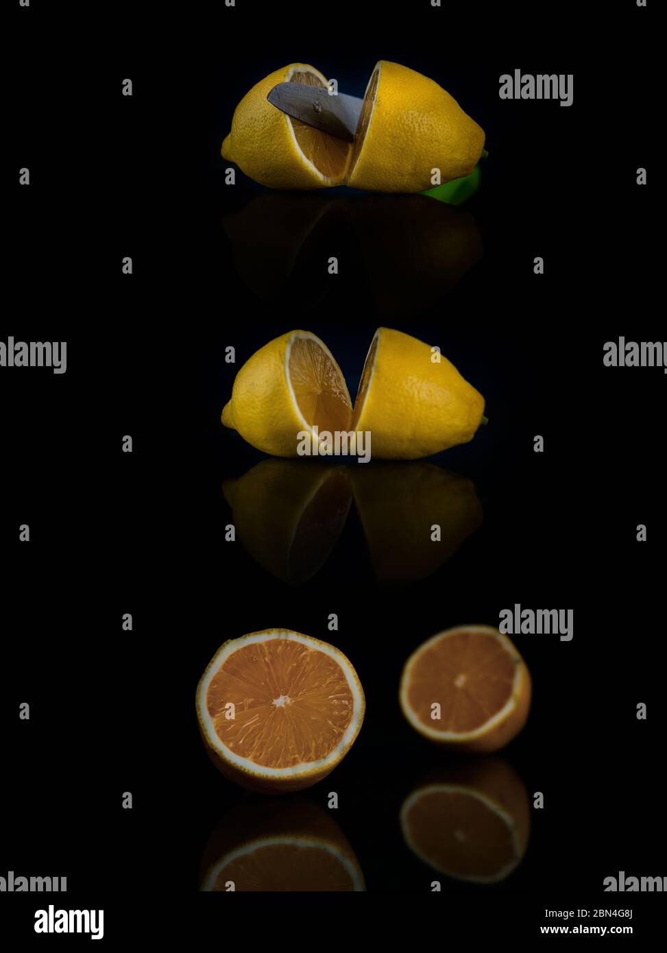 collage two halves of lemon cut with a knife on a black background ...
