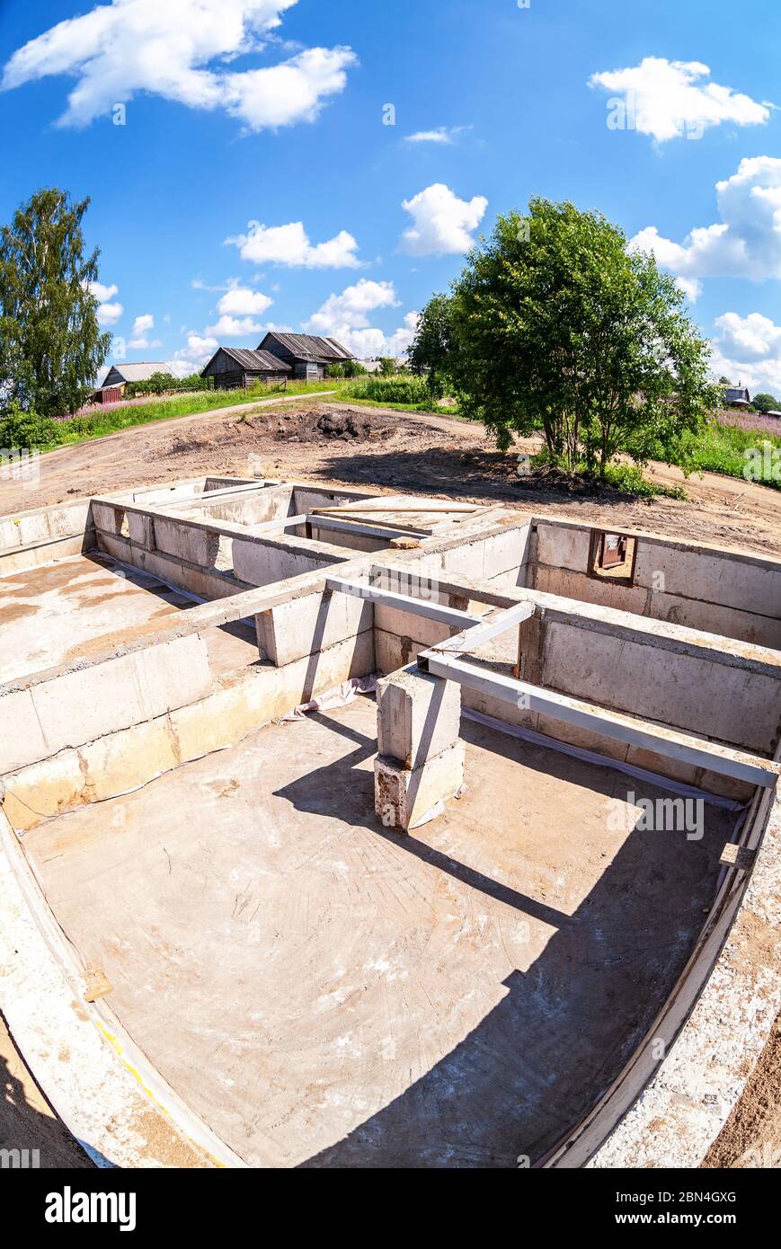Construction of a new wooden house on the stone foundation ...