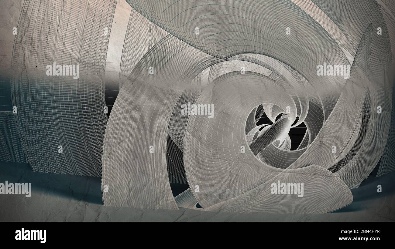 Abstract blueprint, cgi background with wire frame spiral installation ...