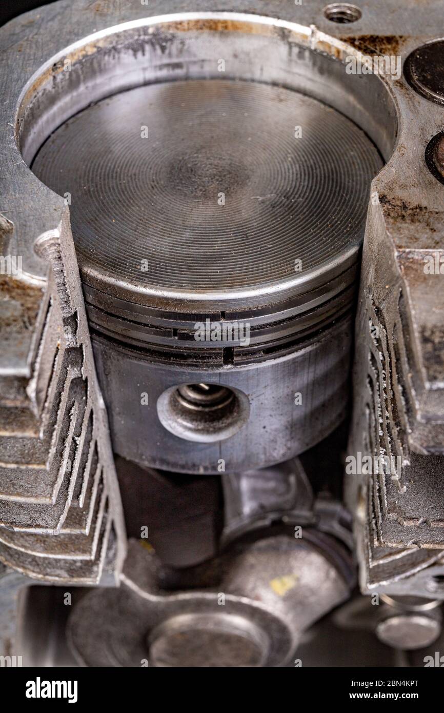 Four-stroke internal combustion engine in section shown. Petrol engine ...