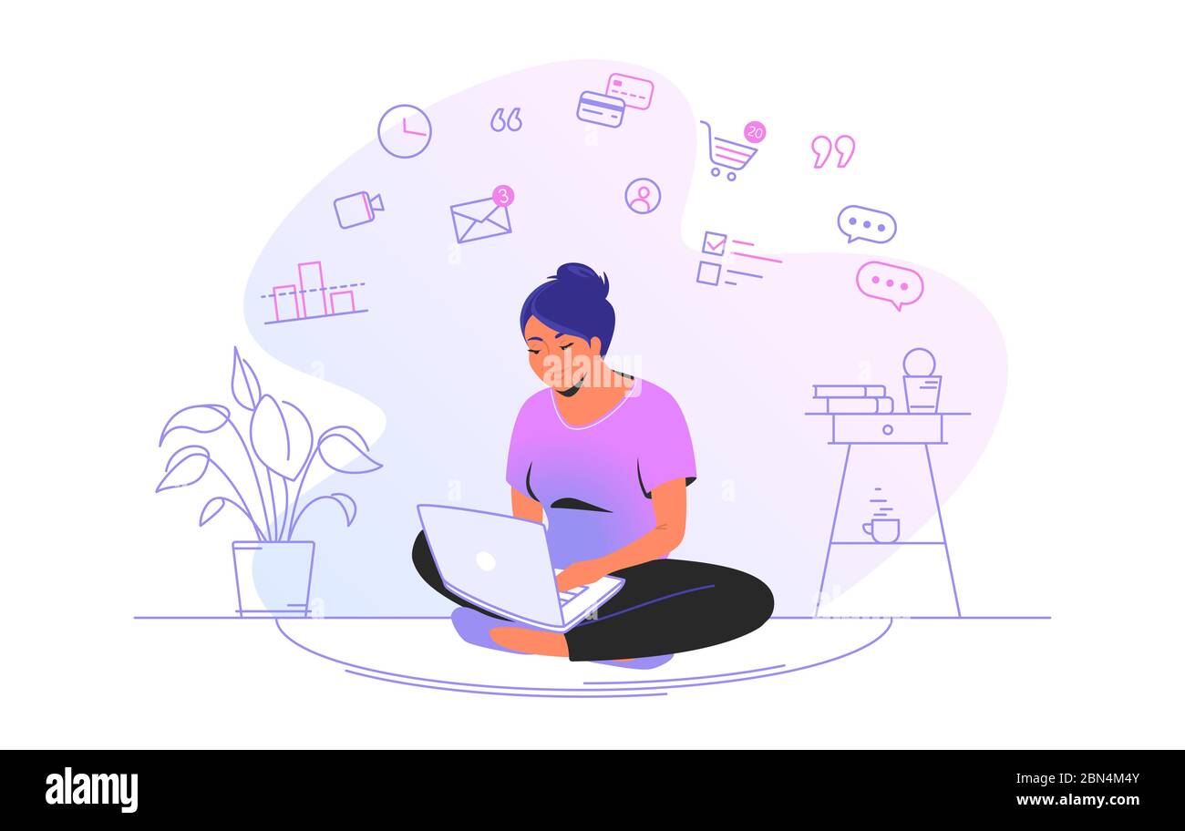 Working online with laptop at home. Cute woman sitting at home in lotus ...