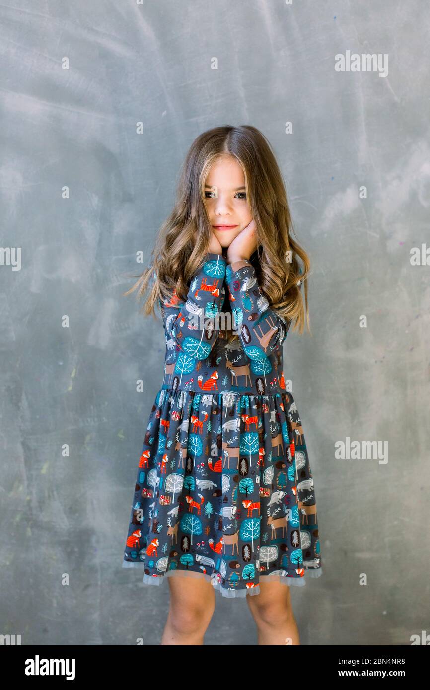 Small girl child model in beautiful dress. Childhood, look, happiness ...