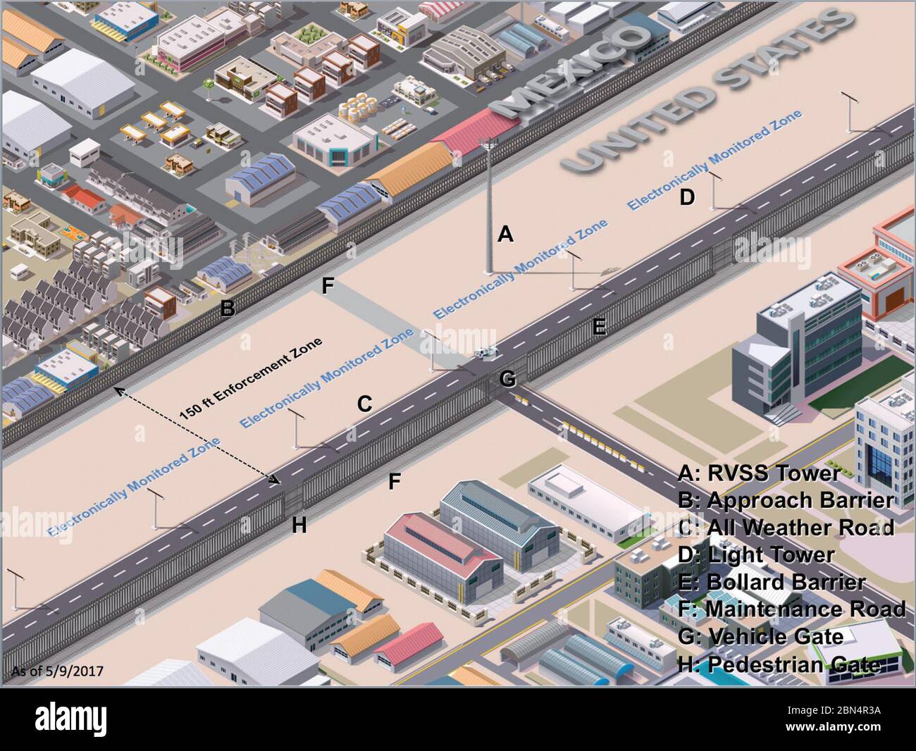 Graphic rendering of a proposed urban border wall system designed to ...