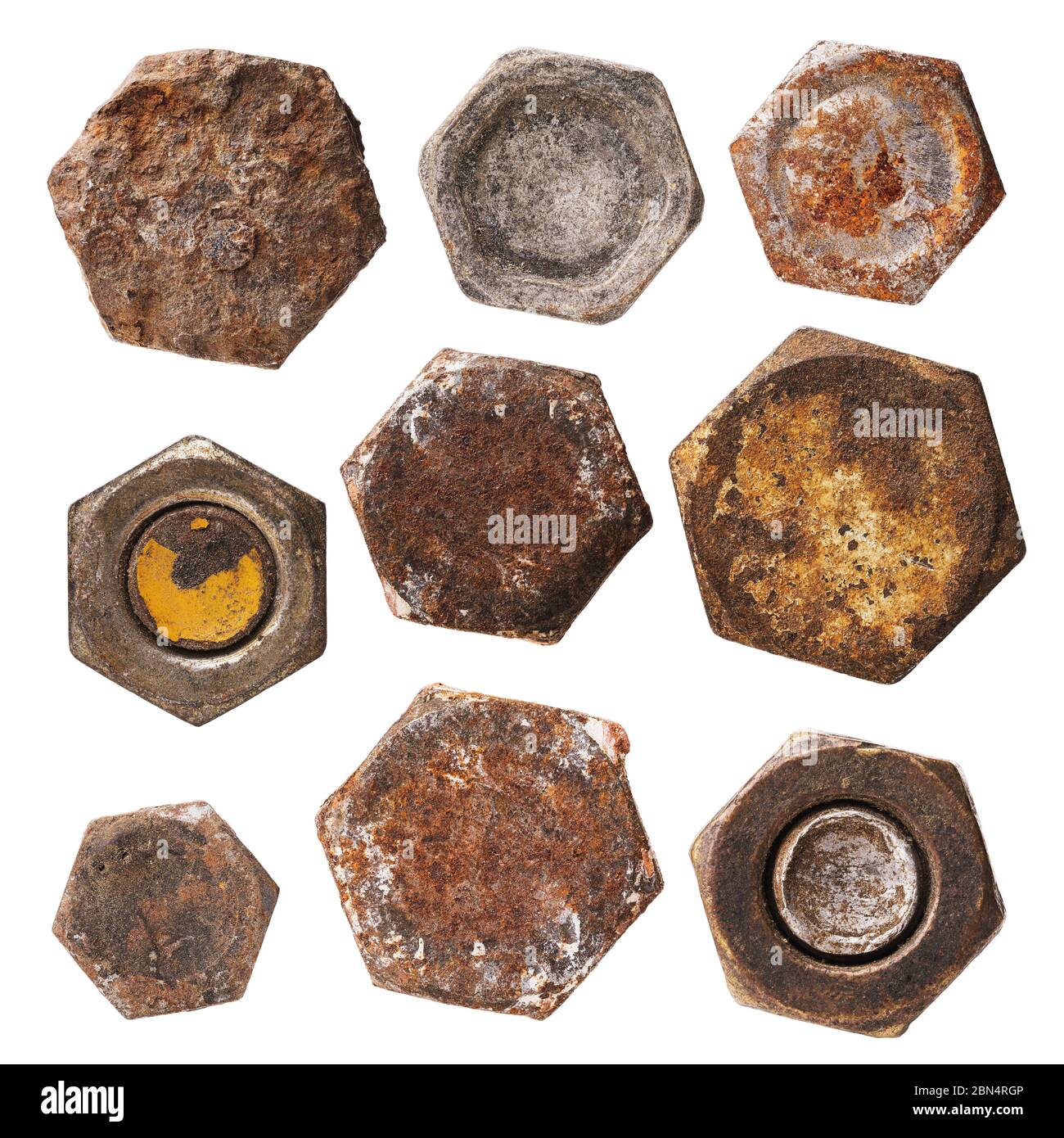 Set of various rusty heads of bolts and nuts isolated on a white ...