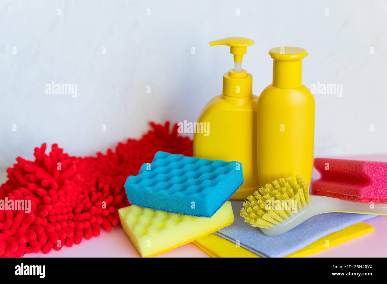 Household chemicals on white background. Professional cleaning products ...