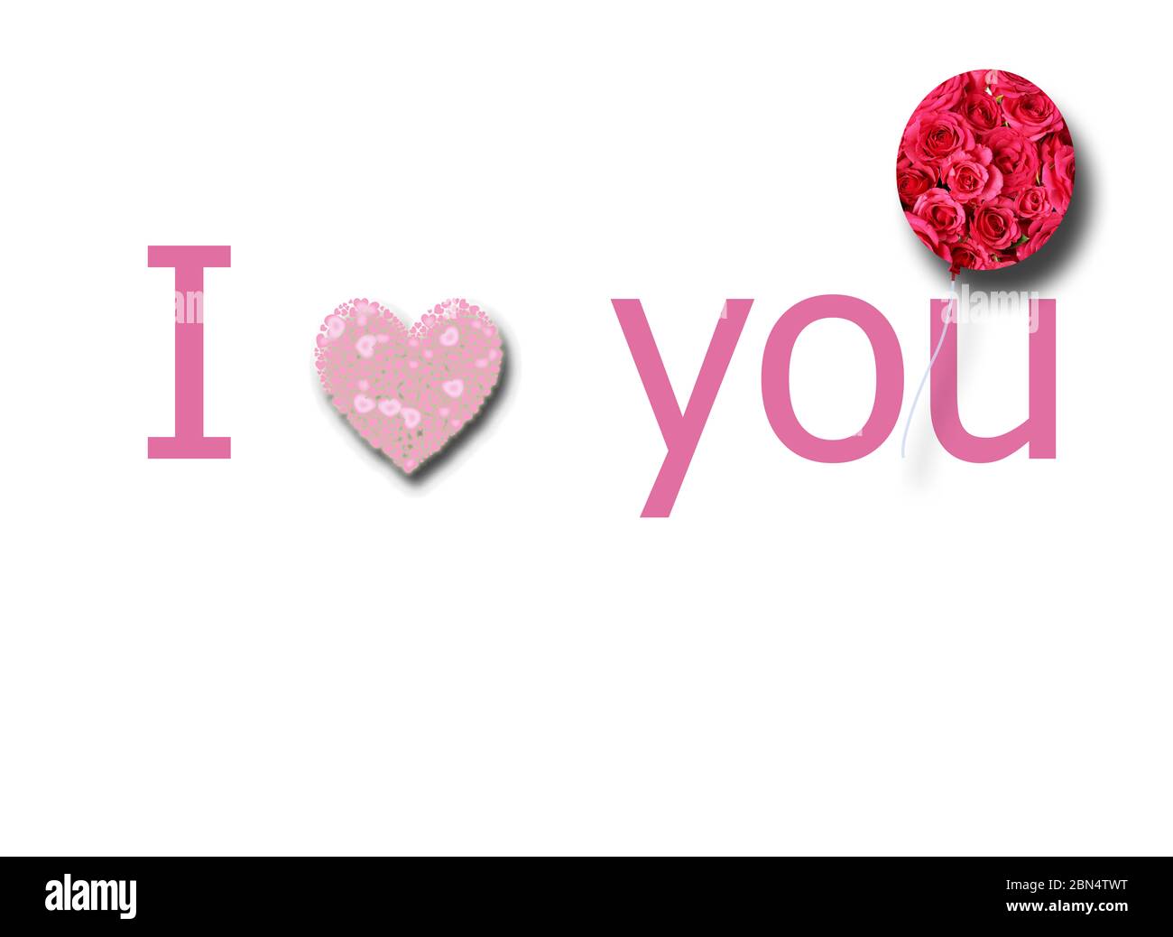 I love you pink sign with heart, flowers in shape of balloon on white ...