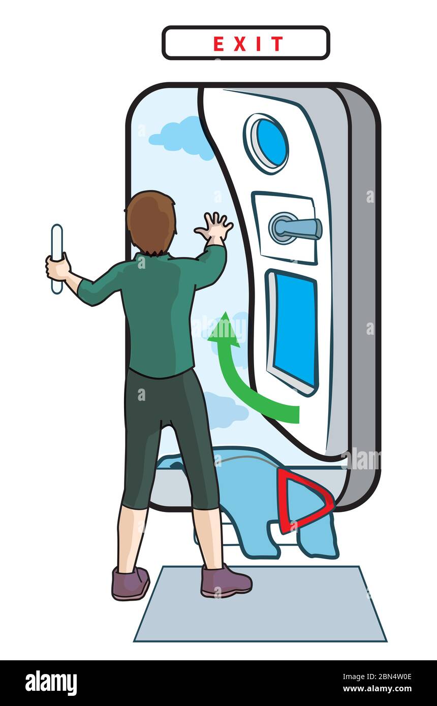 Illustration for airlines to show how to open and exit plane departure ...