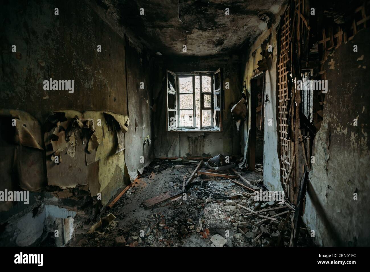 Burnt house interior. Consequences of fire concept Stock Photo - Alamy