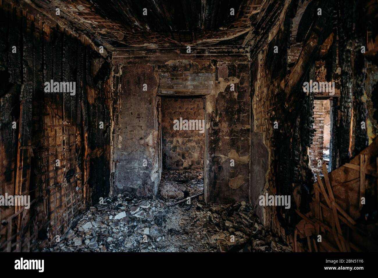 Burnt old rural house interior. Consequences of fire Stock Photo - Alamy