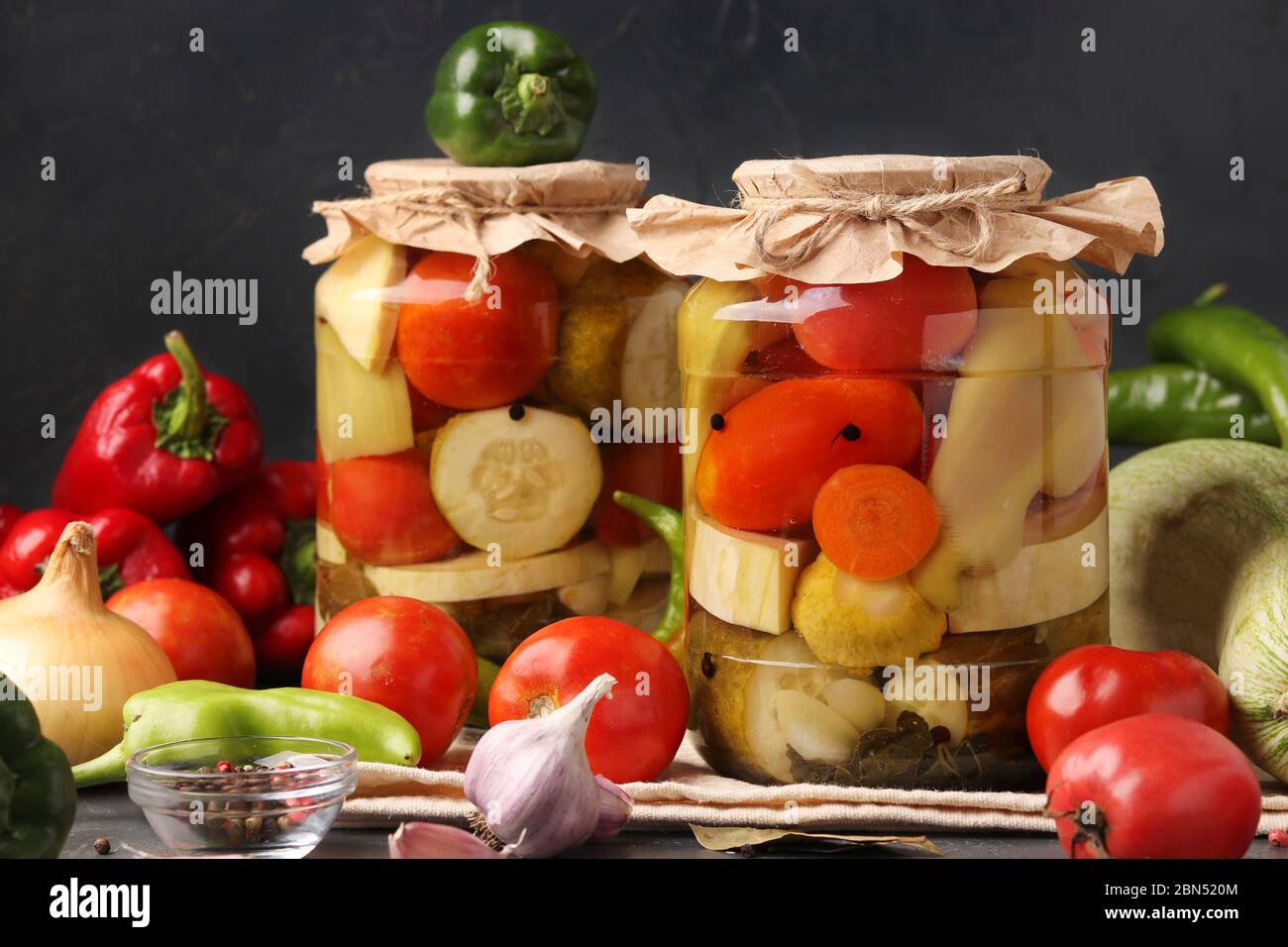 Assorted pickled cucumbers, patissons, peppers, zucchini and tomatoes ...
