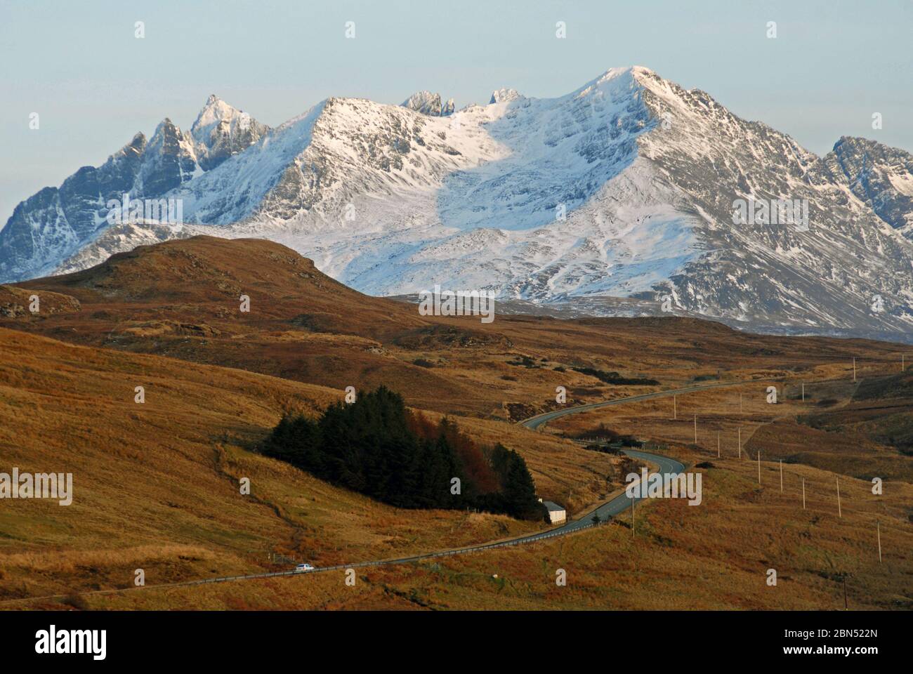 THE snow covered CUILLIN HILLS and the descending A863 at CARBOST, ISLE ...