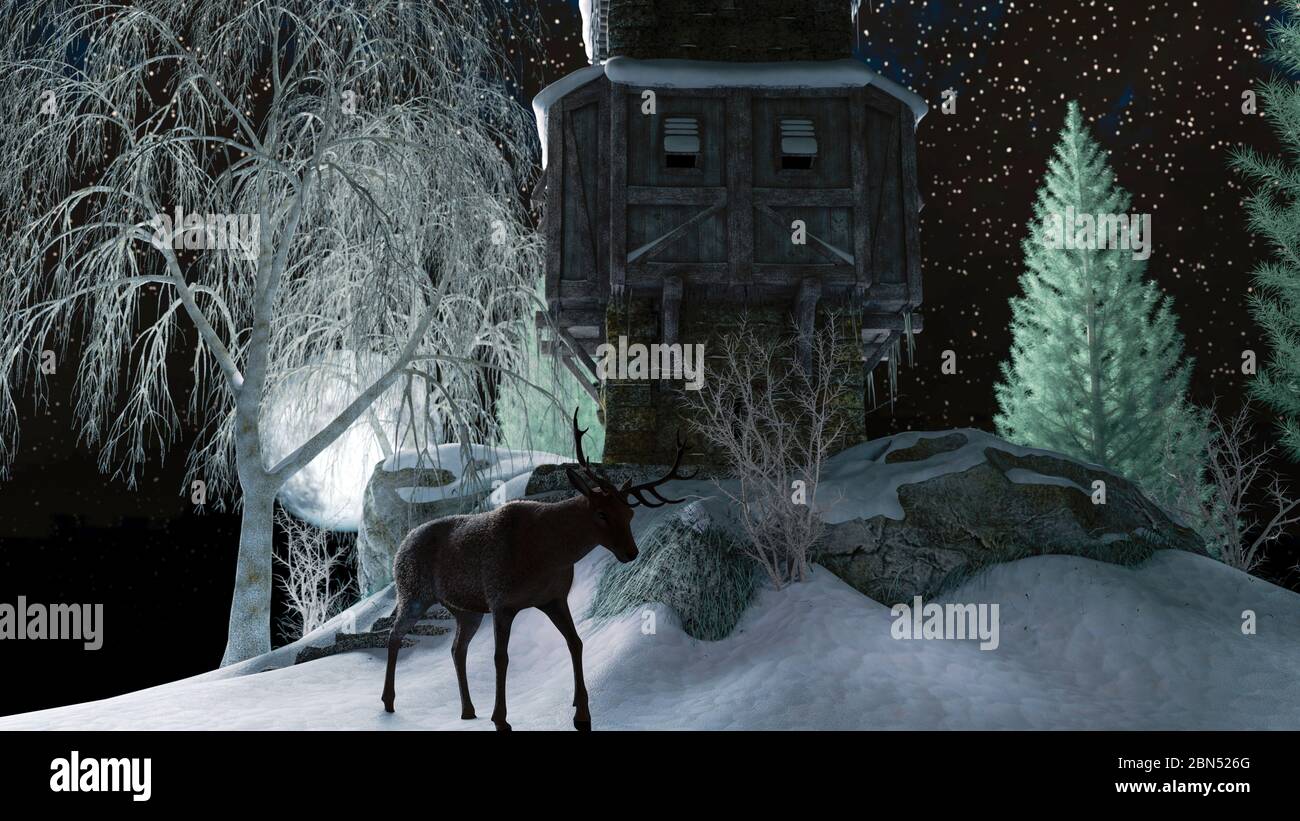 Deer near a winter cottage on the hill against a moonlight sky - 3d ...
