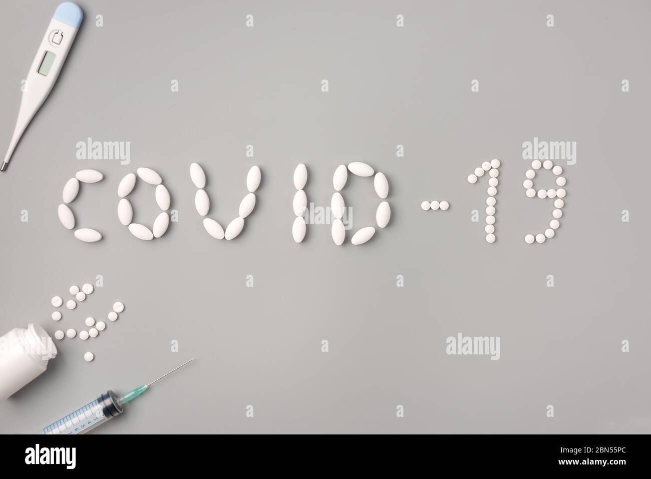 Stop Covid-19. Medicines, pills, syringe flat lay. Coronavirus disease ...