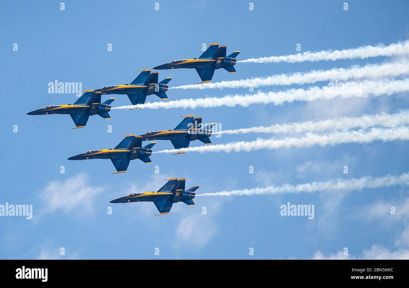 Chicago, USA. 12th May, 2020. A formation of the Blue Angels fly over ...