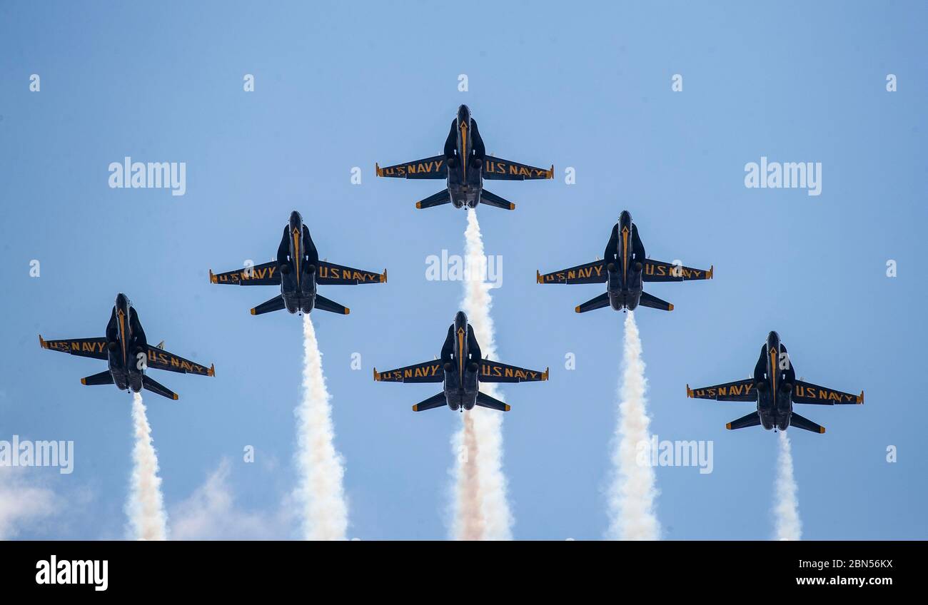 Chicago, USA. 12th May, 2020. A formation of the Blue Angels fly over ...