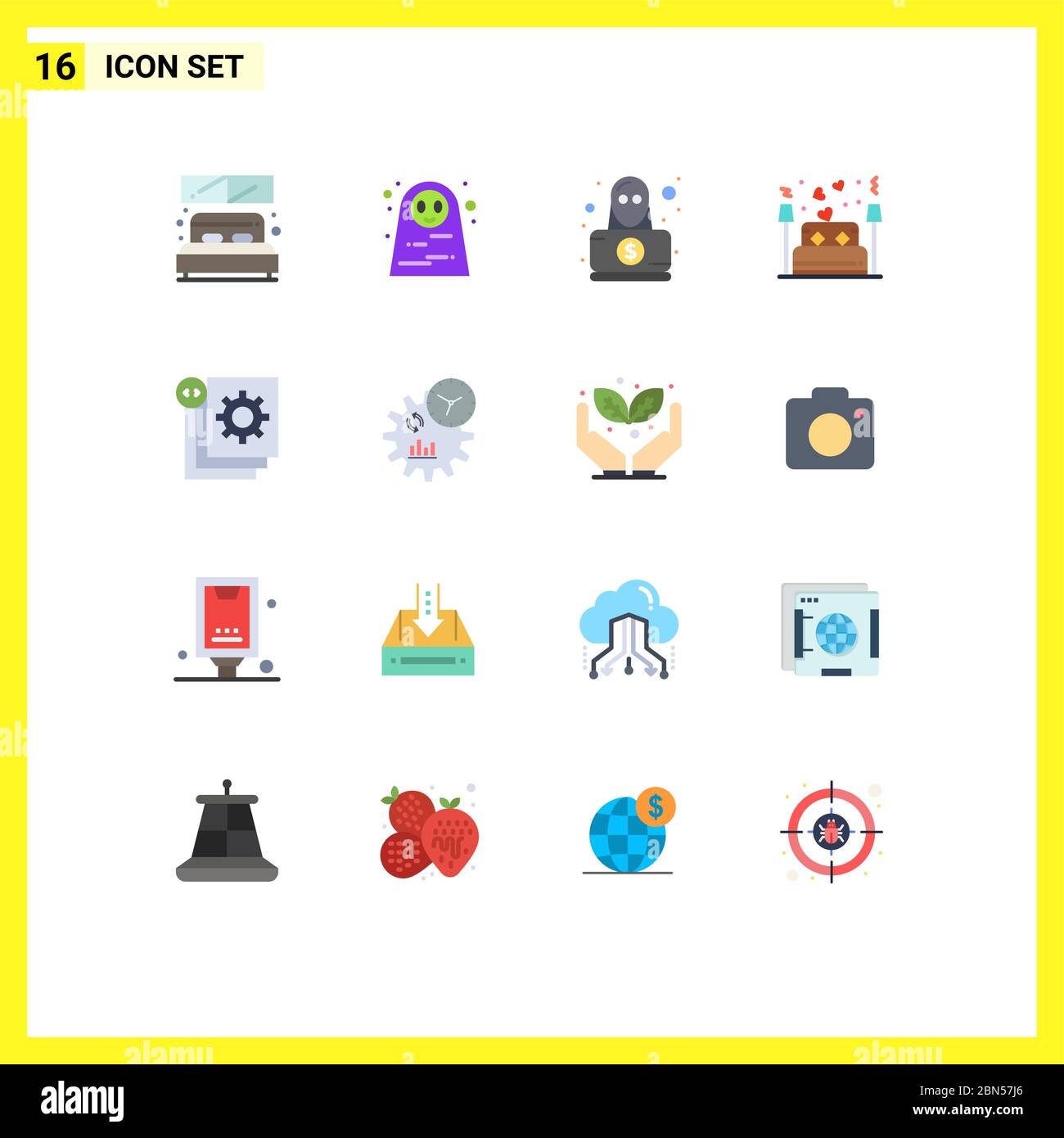 Set of 16 Modern UI Icons Symbols Signs for coding, lover, detective, love, bed Editable Pack of ...