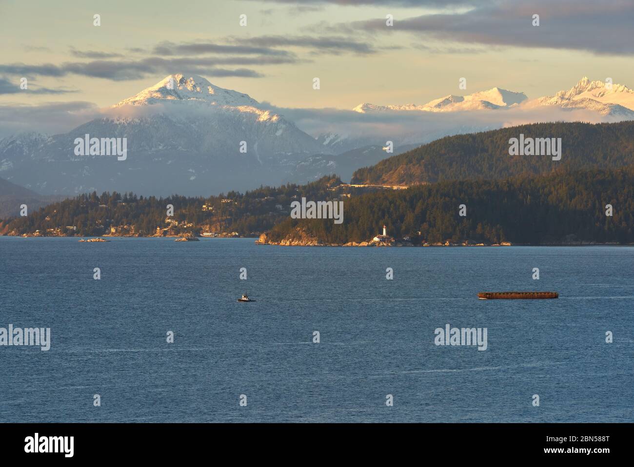 English Bay and Mt Tantalus. English Bay with historic Point Atkinson ...