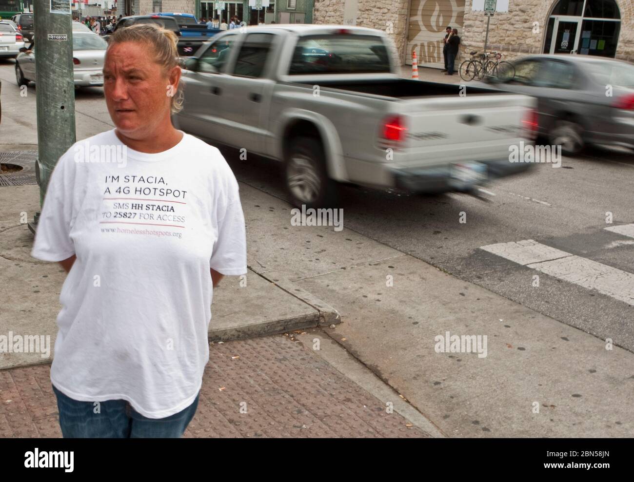 Austin, Texas USA, March 14 2012: Stacia Warren, a homeless woman ...