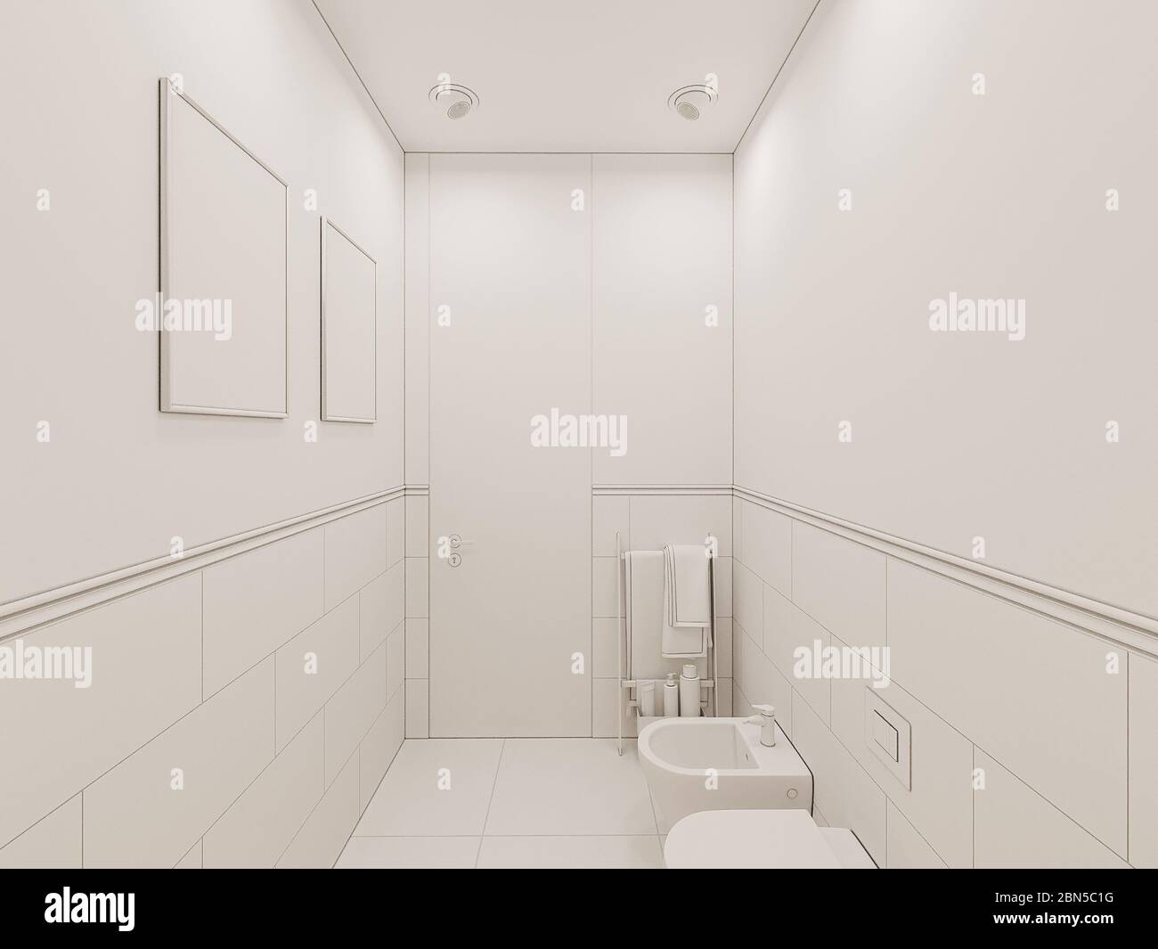 3D render interior of the bathroom in a private cottage. Toilet ...